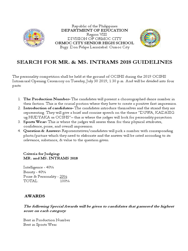 OCSHS Mr. & Ms. Intrams 2018 guidelines | PDF