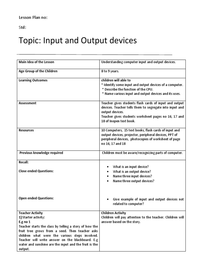 Input and Output Devices Lesson Plan | PDF | Input/Output | Lesson Plan