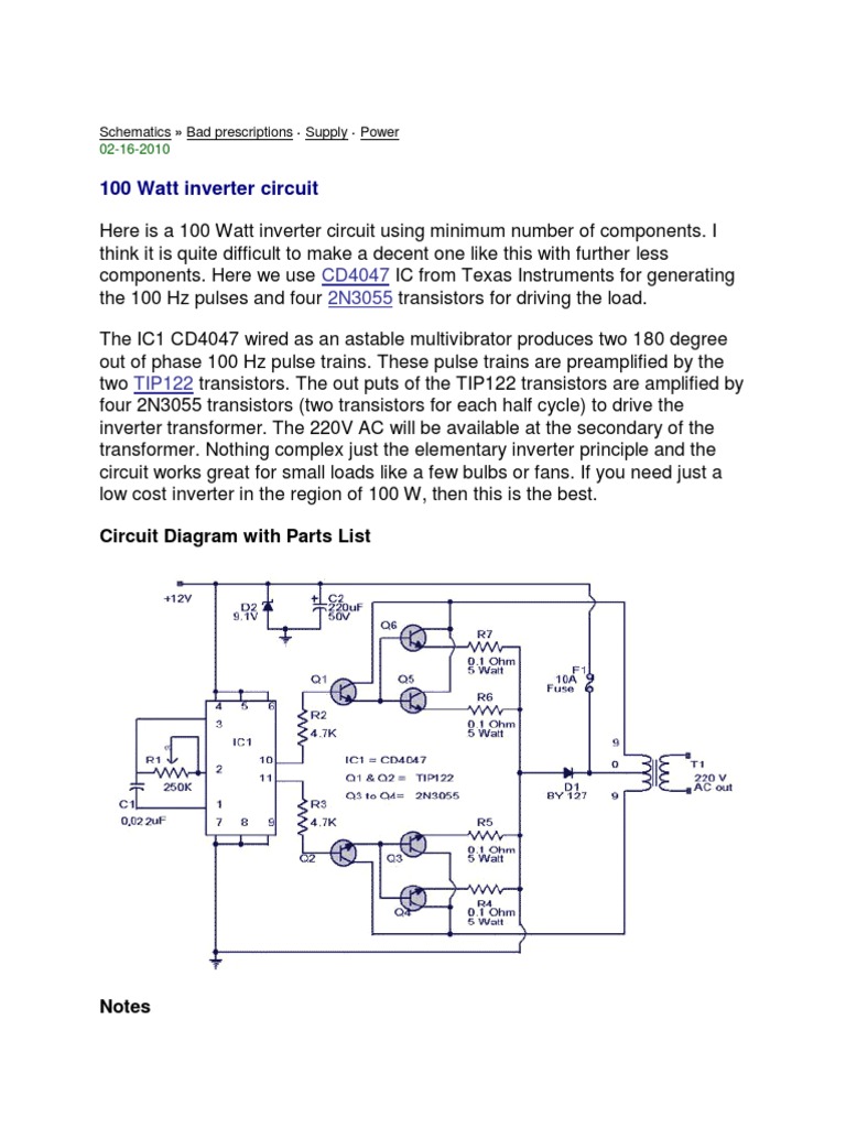 100 Watt Inverter Circuit: Circuit Diagram With Parts List | PDF ...