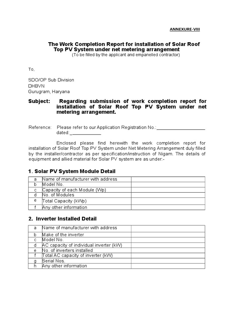 Submission of Work Completion Report for Installation of a Solar Roof ...