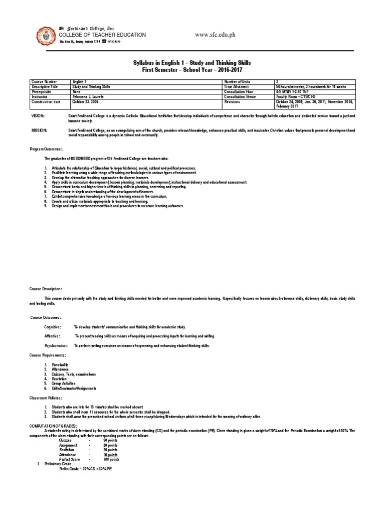 English 1 - Study and Thinking Skills | PDF | Test (Assessment ...