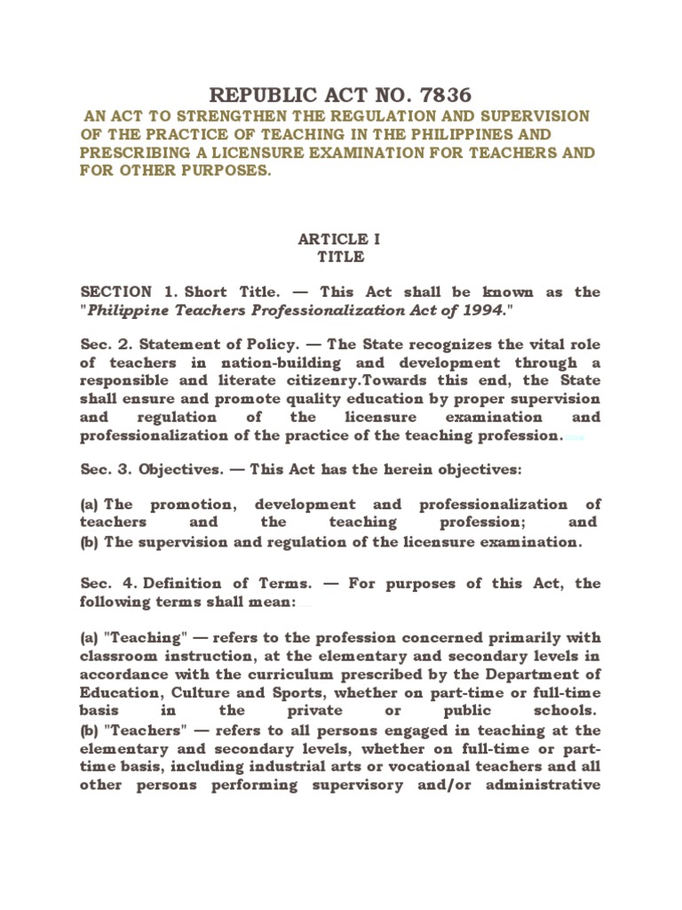 Philippine Teachers Professionalization Act | PDF | Licensure | Teachers
