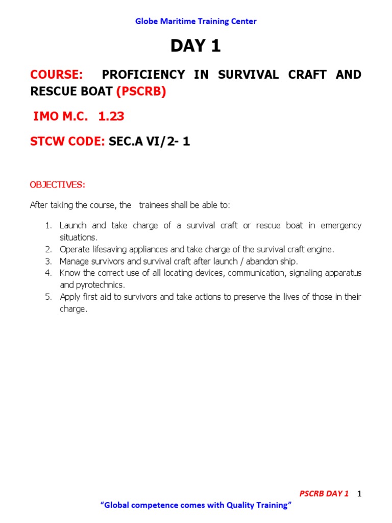 Globe Maritime Training Center PSCRB Course Day 1 Overview | PDF ...