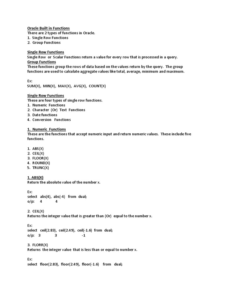 SQL - Buit-In Functions Single Row and Group Functions | PDF | Data Type | Numbers