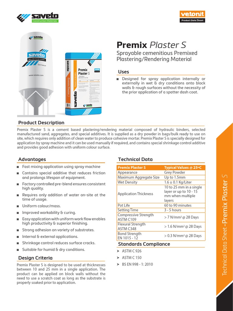 Premix Plaster S: Sprayable Cemenitious Premixed Plastering/Rendering ...