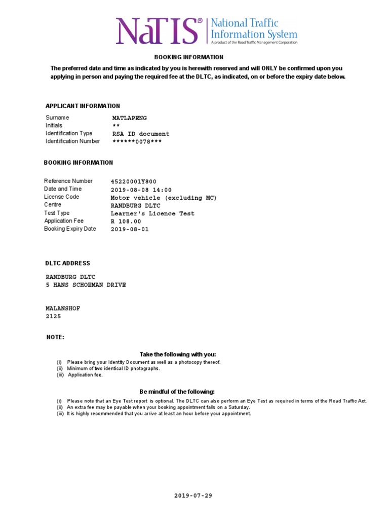 Randburg DLTC Booking Details | PDF | Business | Finance & Money Management