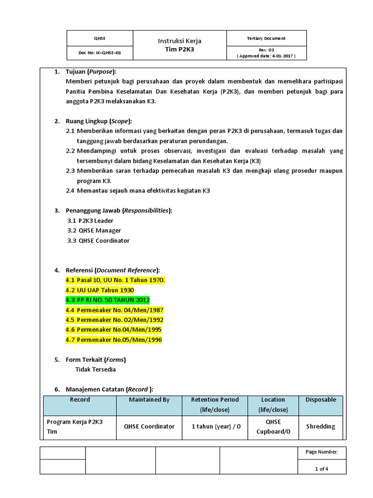 Instuksi Kerja Tim P2K3 Rev 03 | PDF