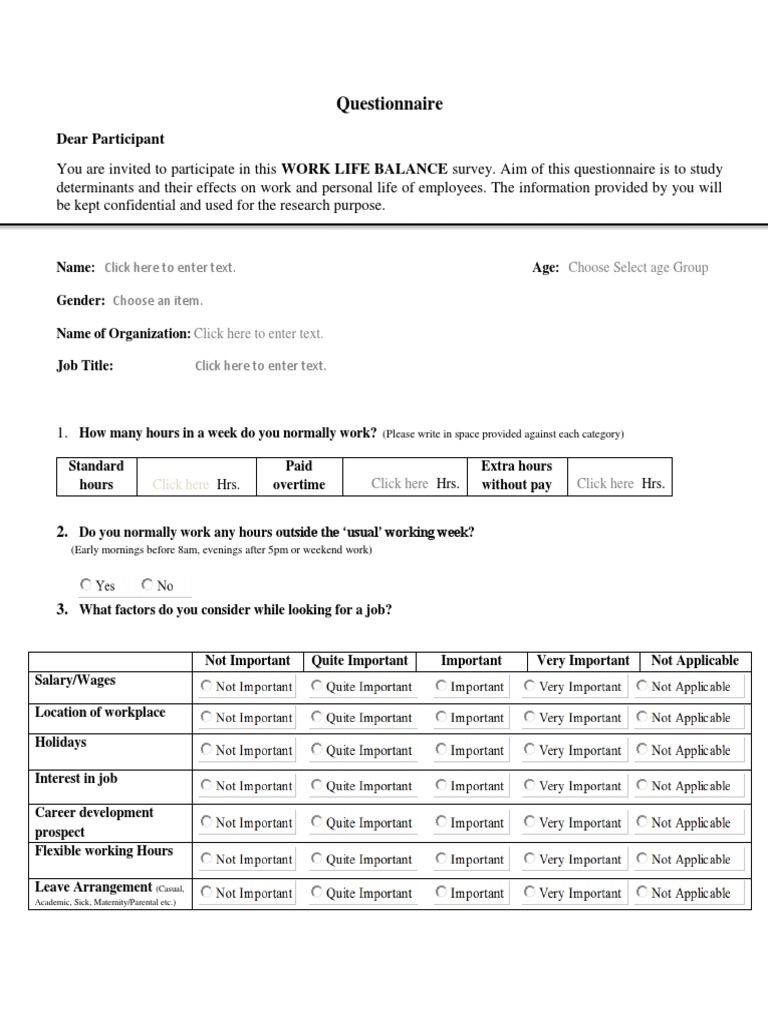 Work Life Balance Questionnaire PDF | PDF | Work–Life Balance | Working ...