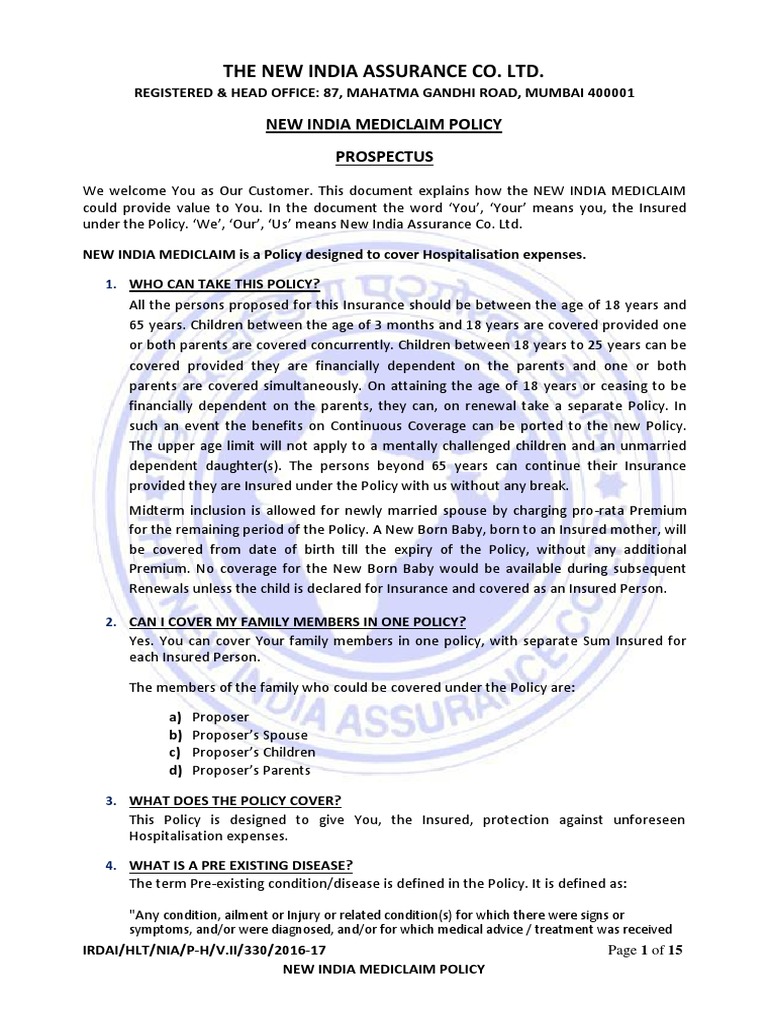 New India Mediclaim Policy Overview | PDF | Insurance | Hospital