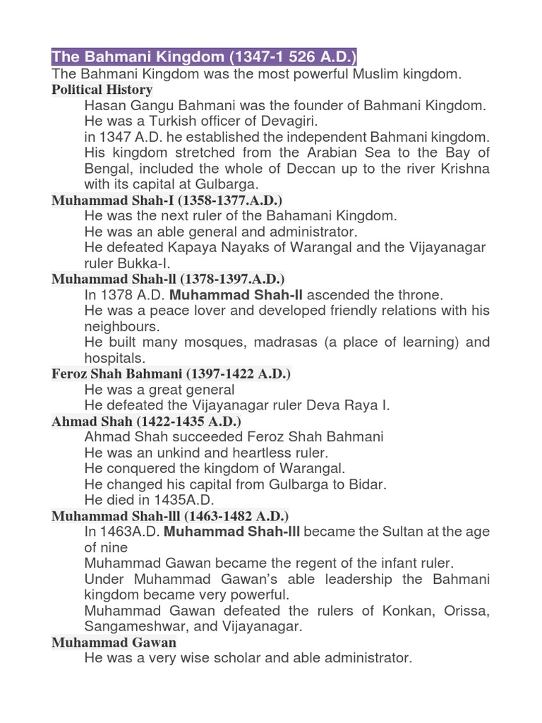 The Bahmani Kingdom (1347-1 526 A.D.) : Political History | PDF | Asia ...