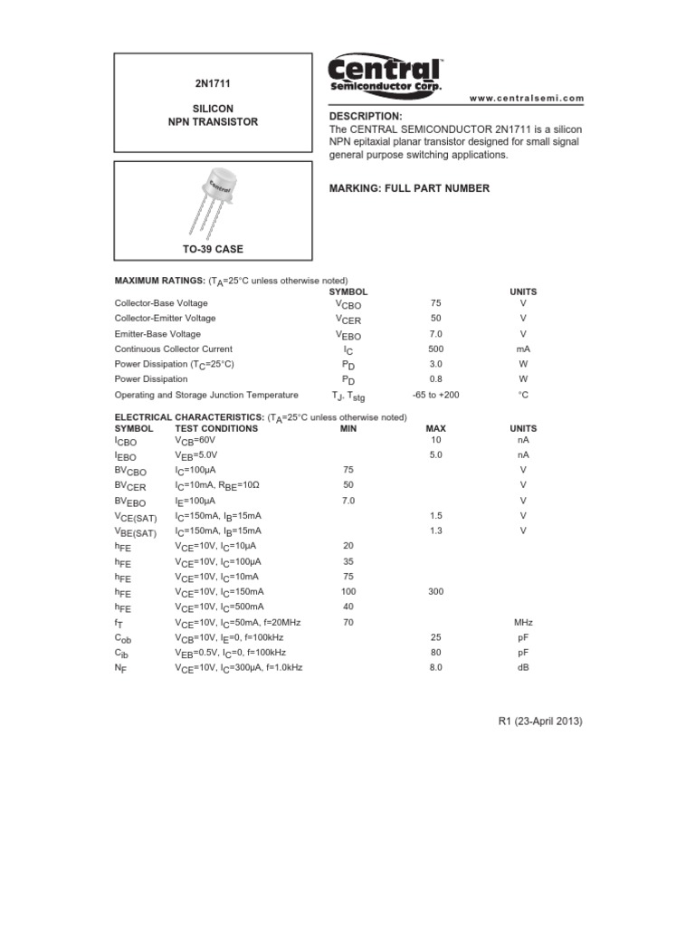 2N1711 Silicon NPN Transistor Description | PDF | Bipolar Junction ...