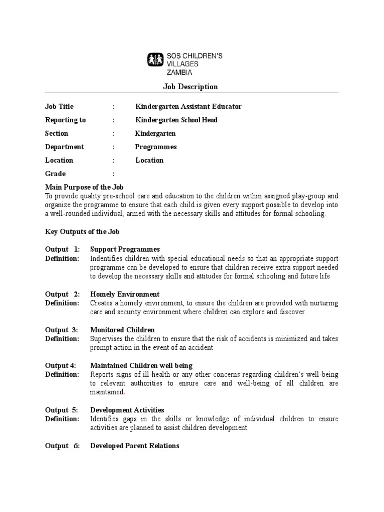 Kindergarten Assistant Educator Role | PDF | Early Childhood Education ...
