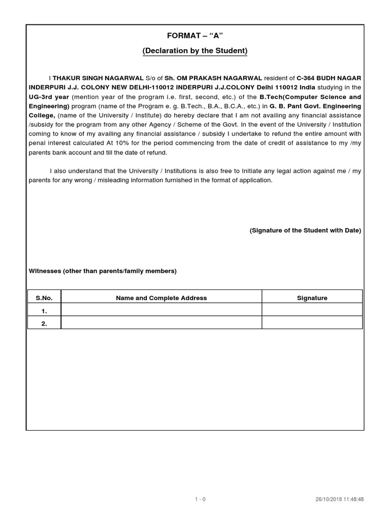 Declaration of No Financial Assistance: A Student's Pledge of Academic ...