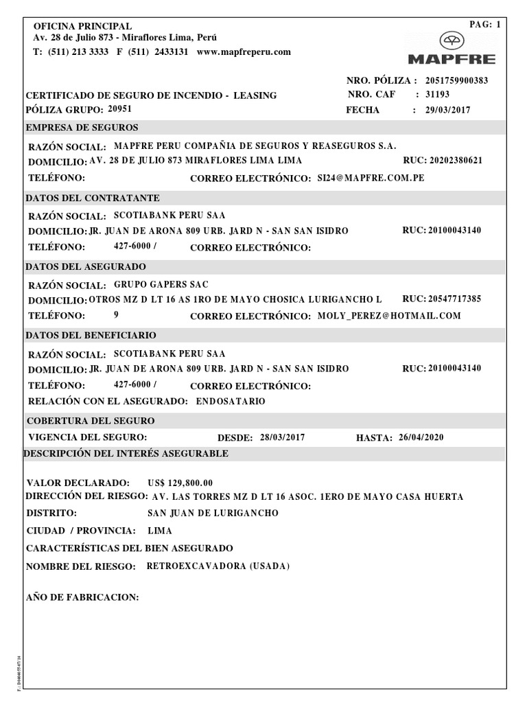 Poliza Trec Retroexcavadora | PDF | Póliza de seguros | Riesgo financiero