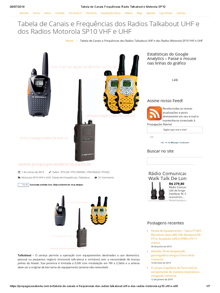 Tabela de Canais Frequências Radio Talkabout e Motorola SP10 ...