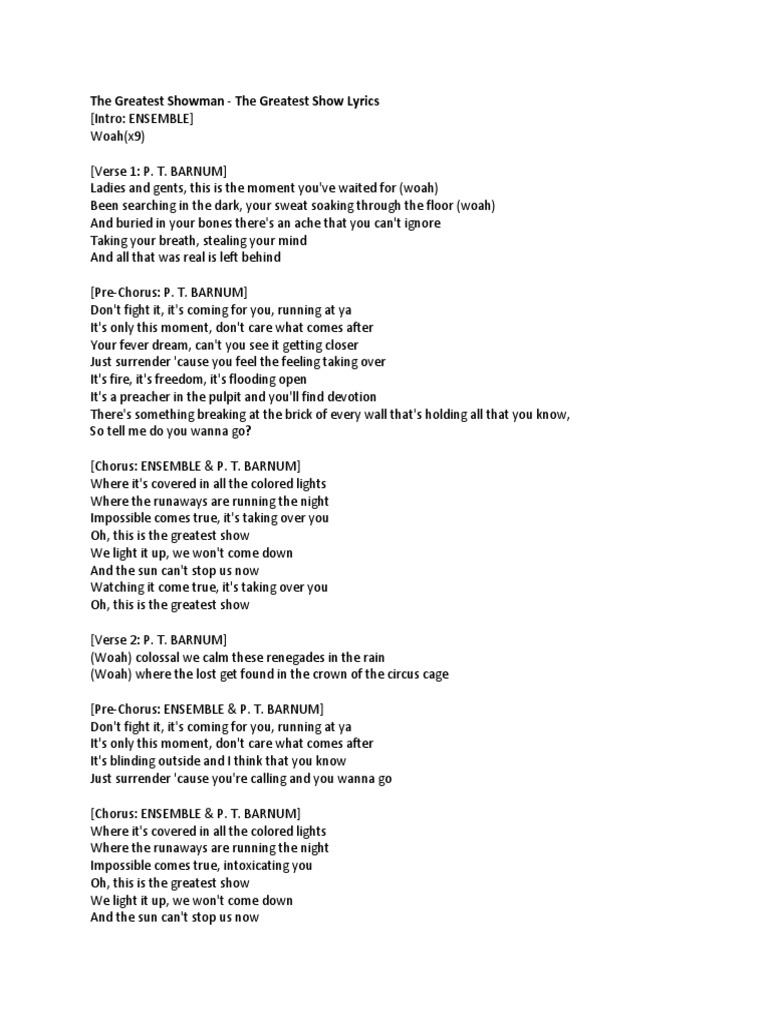 The Greatest Showman - The Greatest Show Lyrics | Moana (2016 Film ...