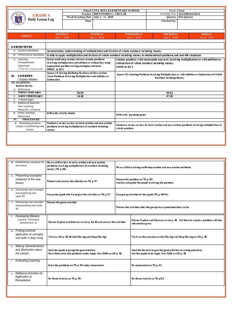 Grade 4: Daily Lesson Log | PDF | Multiplication | Pedagogy