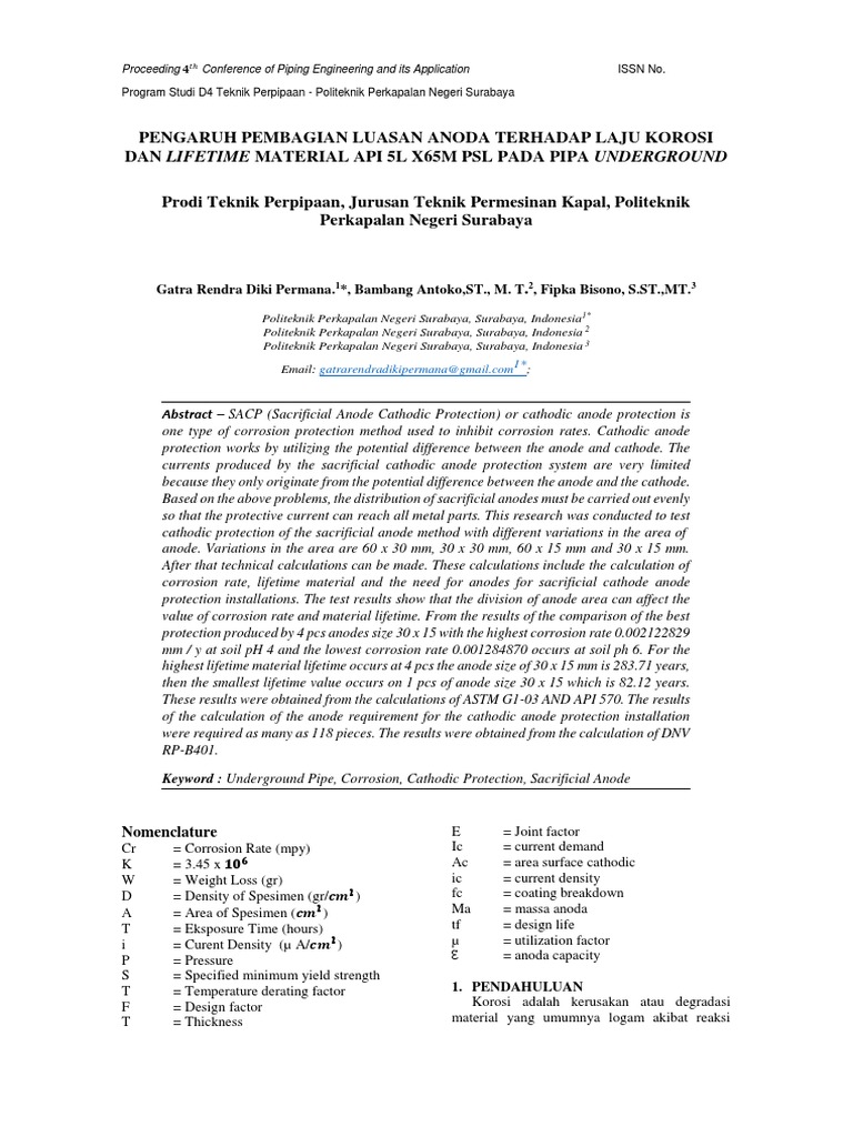 Pengaruh Pembagian Luasan Anoda Terhadap Laju Korosi Dan Lifetime Material Api 5L X65M PSL Pada ...