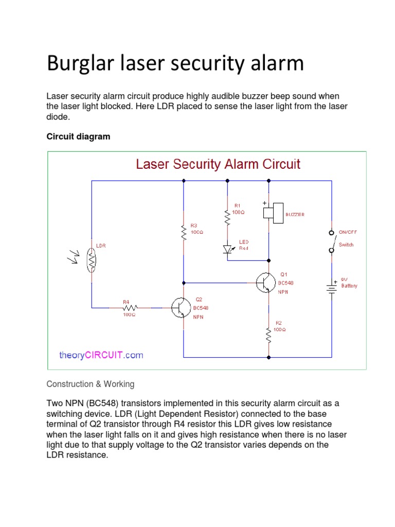 Burglar Laser Security Alarm: Circuit Diagram | PDF