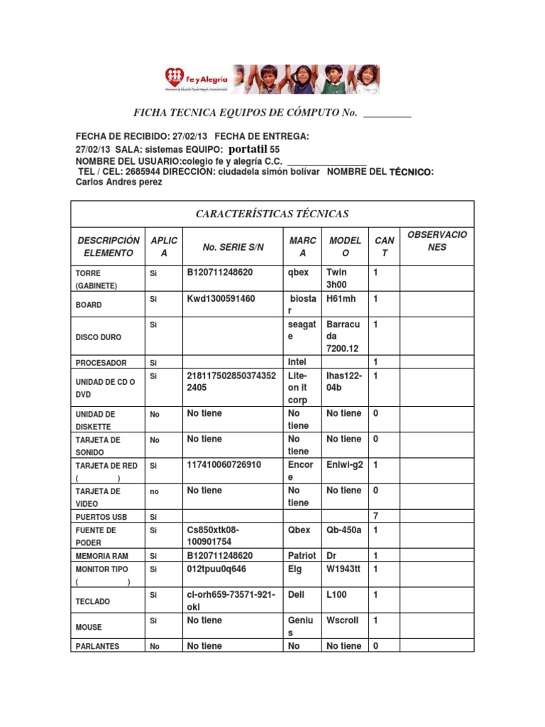 Ficha Técnica Equipos de Computo | PDF | Electrónica | Hardware de la ...