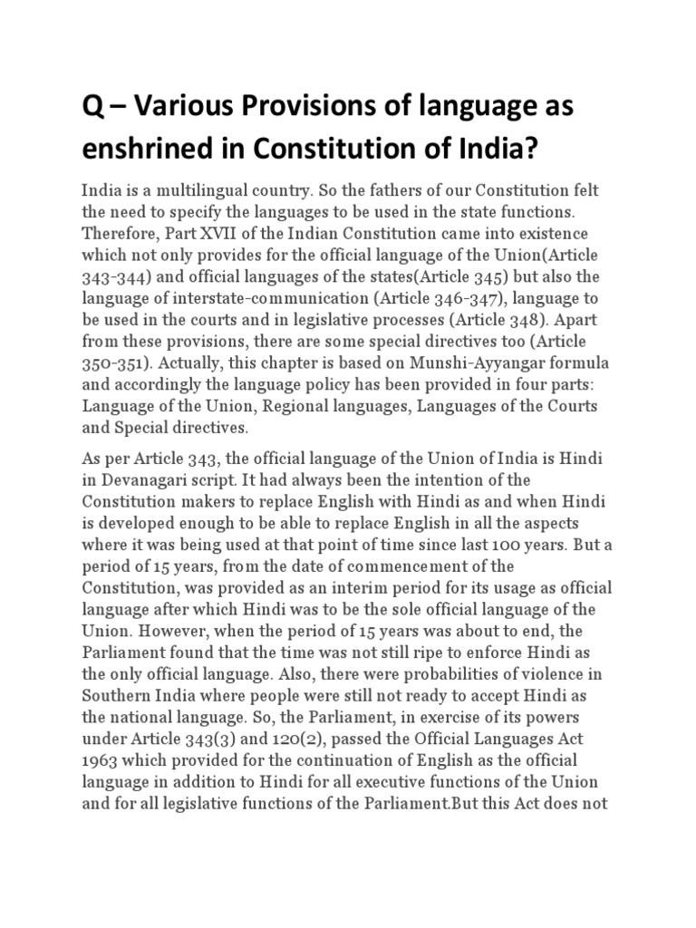 Q - Various Provisions of Language As Enshrined in Constitution of ...