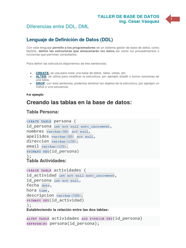 Diferencias entre DDL y DML en bases de datos | PDF | Programación de computadoras | Gestión de ...