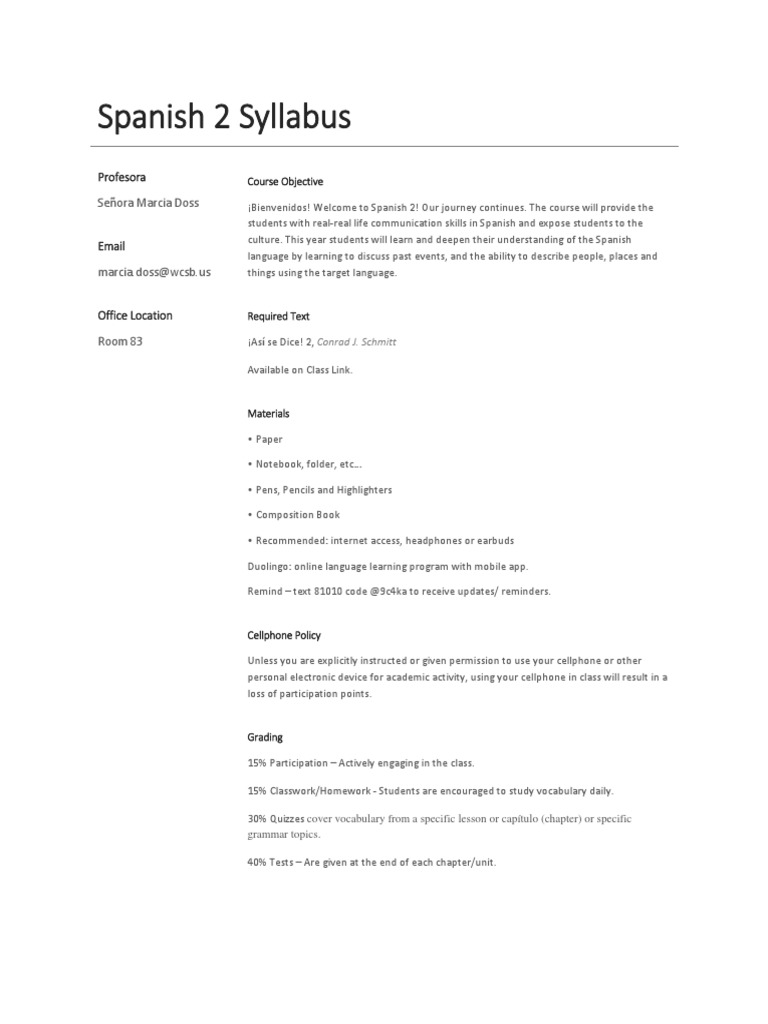 Spanish 2 Syllabus | PDF