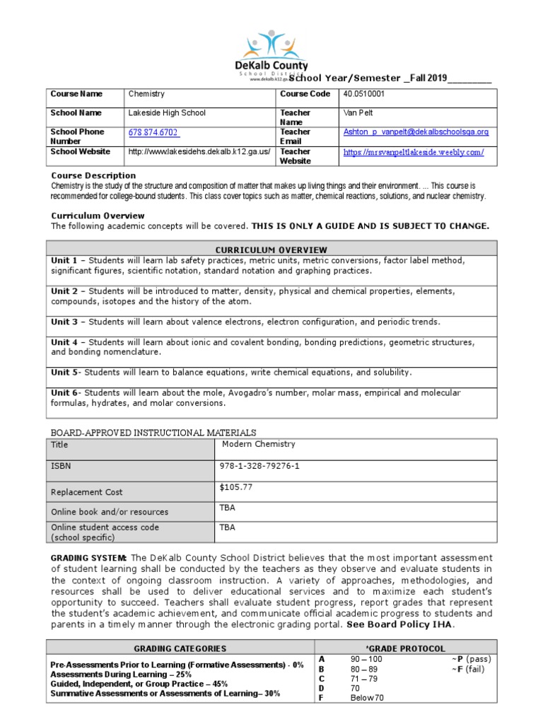 2019 Chemistry Fall Syllabus | PDF | Chemical Bond | Mole (Unit) 2019 Chemistry Fall Syllabus | PDF | Chemical Bond | Mole (Unit)