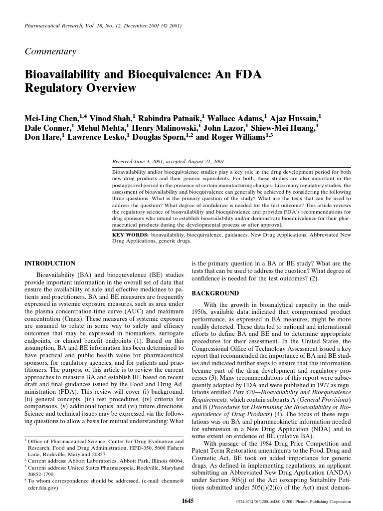 Bioavailability and Bioequivalence - An FDA Regulatory Overview | PDF ...