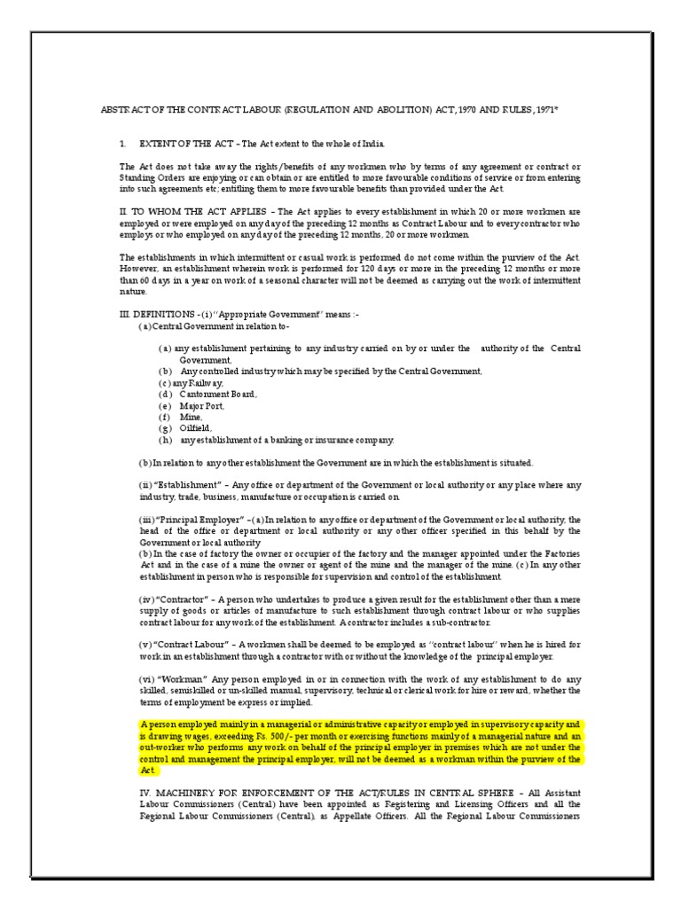 Contract Labour Act Abstract Summary | PDF | Employment | Labor