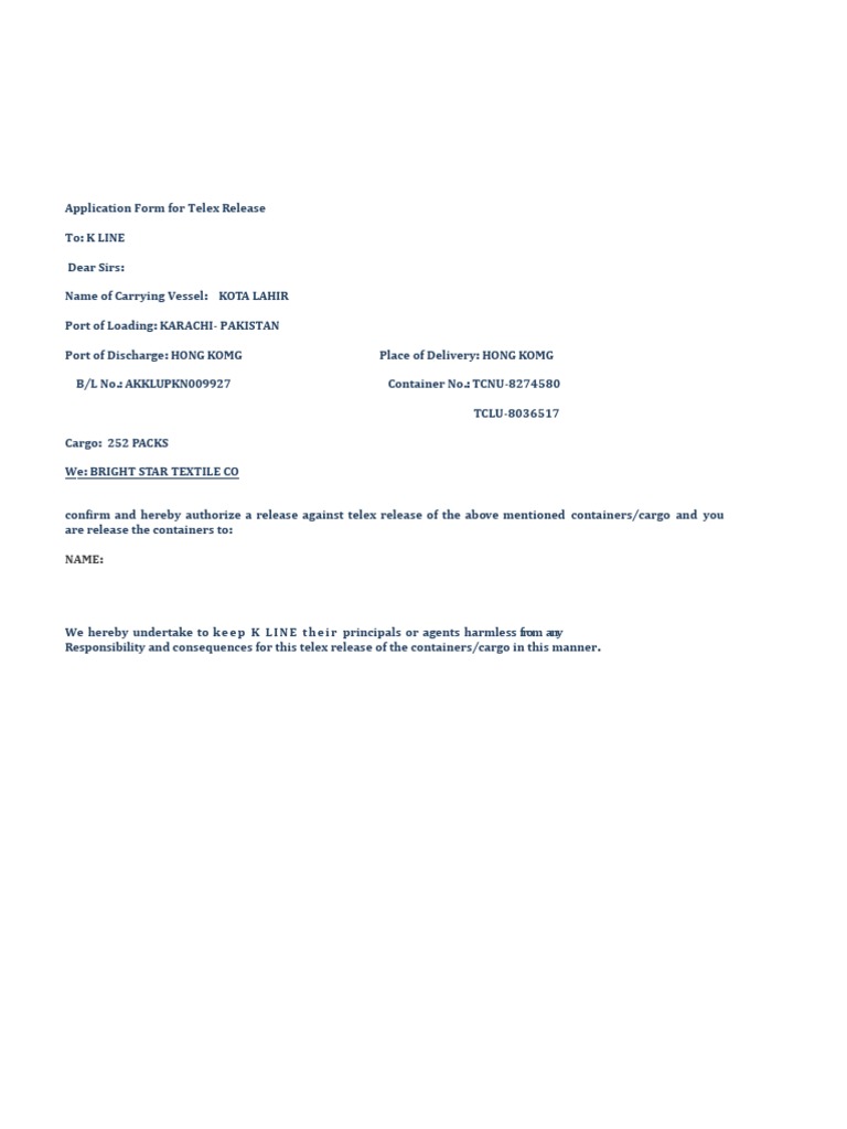 Telex Release Application Form | PDF