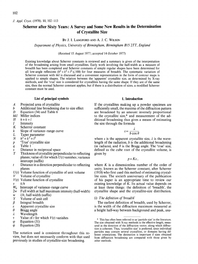 Scherrer Constant & Crystallite Size | PDF | Volume | Diffraction