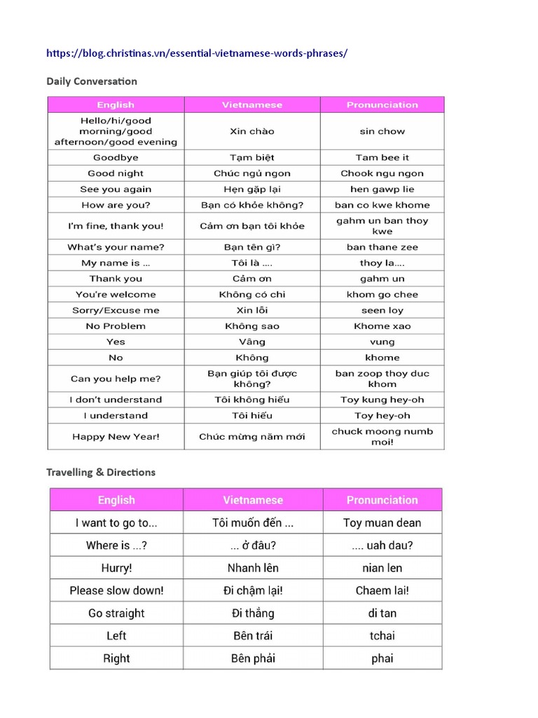 Essential Vietnamese Words and Phrases | PDF