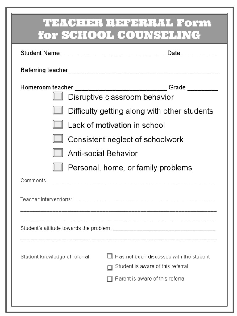 Teacher Referral for Counseling Form | PDF