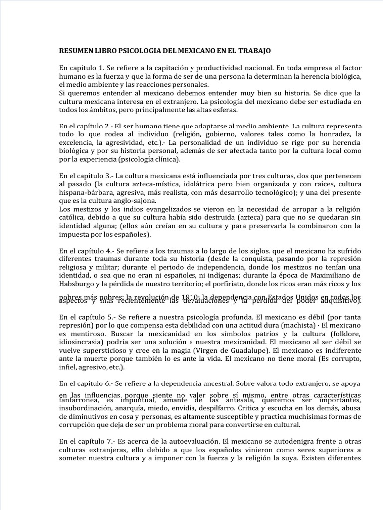 Resumen de La Psicologia Del Mexicano en El Trabajo | PDF | México | Homo Sapiens