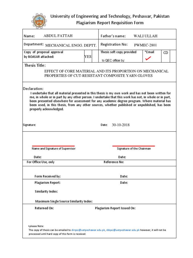 Plagiarism Report Form UET Peshawar | PDF