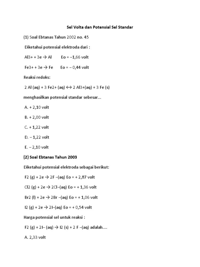 Soal Sel Volta Dan Potensial Sel Standar | PDF