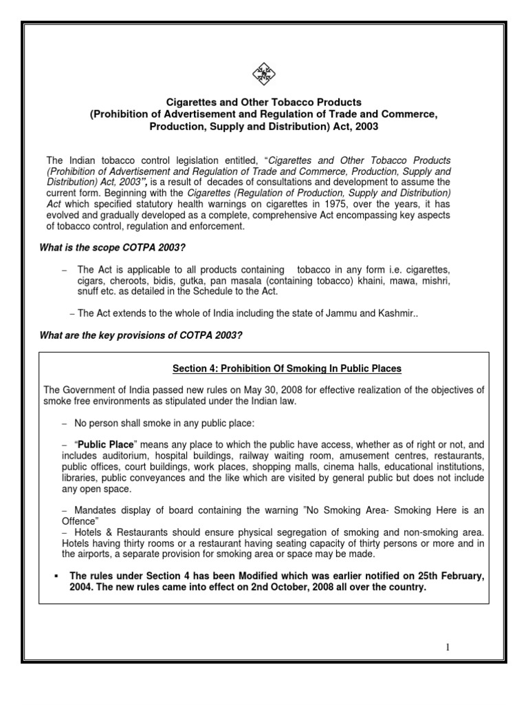 Factsheet On COTPA | PDF | Cigarette | Tobacco