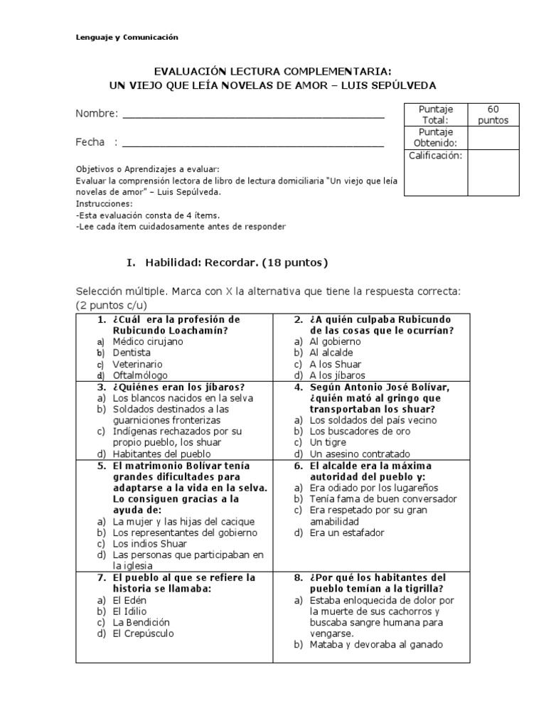 Evaluación Lectura Un Viejo Que Leía Novelas de Amor | PDF | Bienestar ...