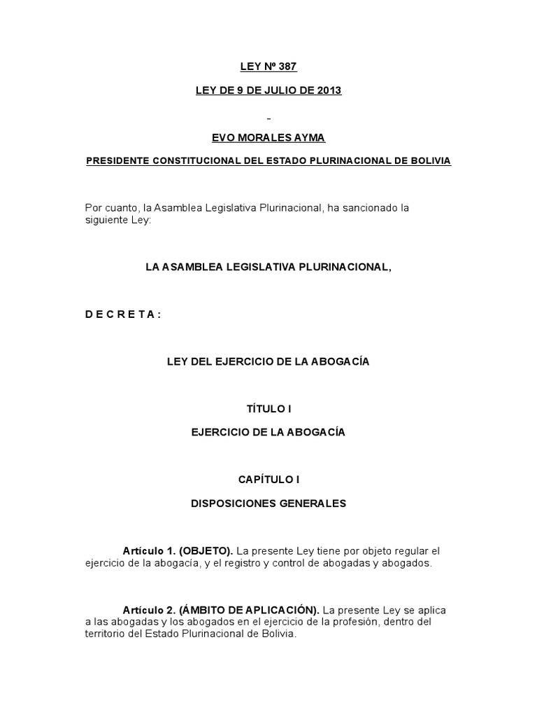 Ley - 387 LEY DE ABOGACIA BOLIVIA | PDF | Estatuto de limitaciones ...