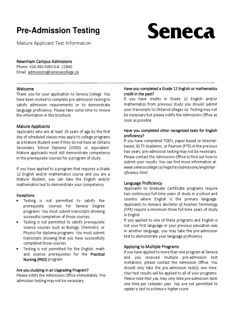 Pre-Admission Testing: Mature Applicant Test Information | PDF ...