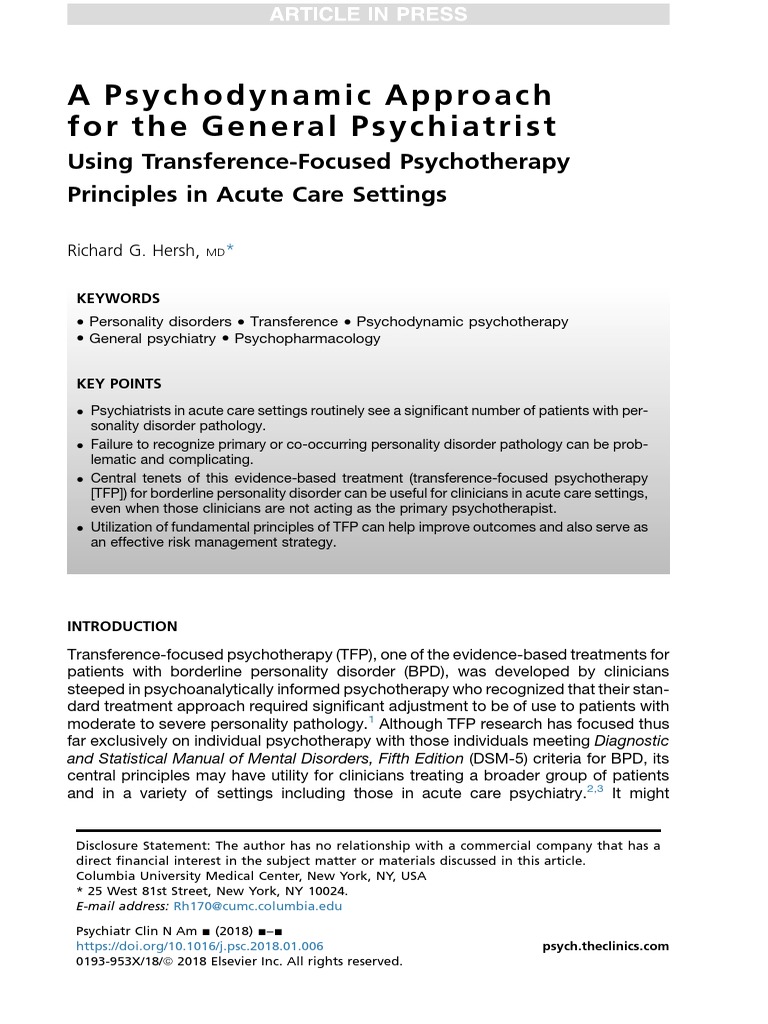 Applying Principles of Transference-Focused Psychotherapy in Acute Care ...