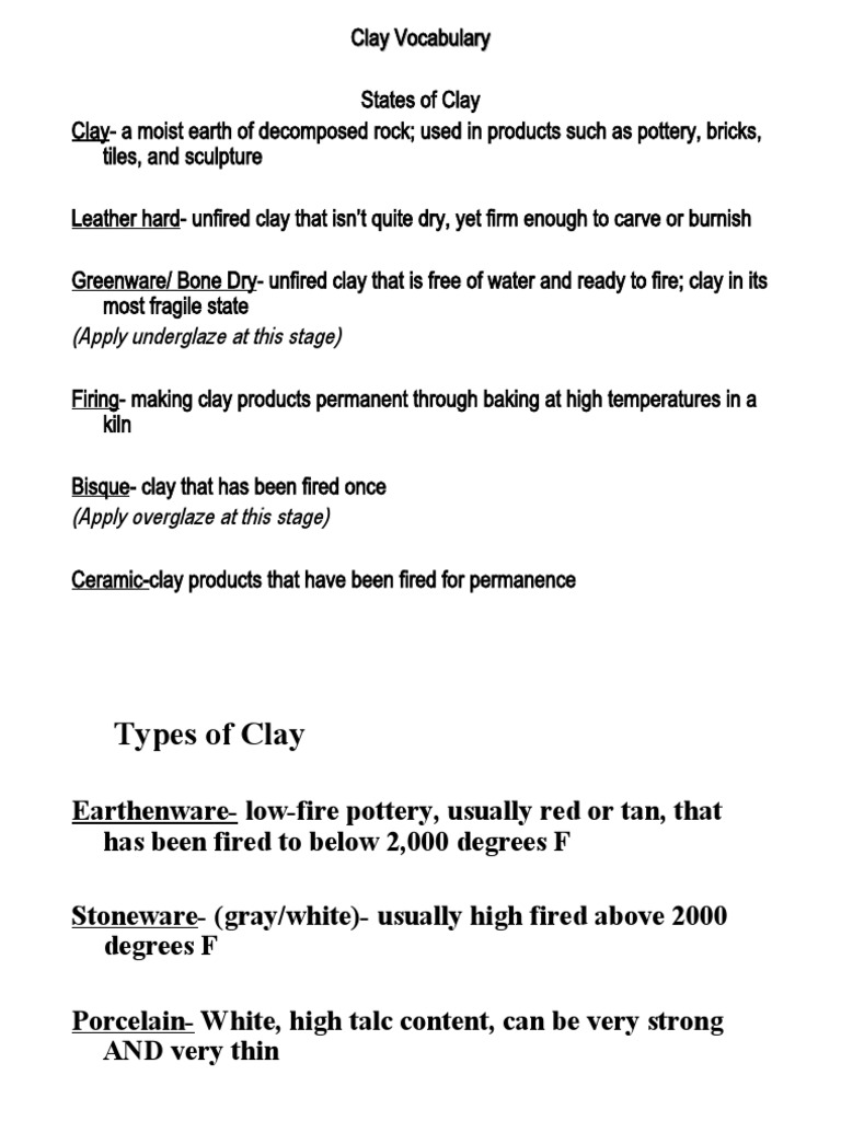 Clay Vocabulary: (Apply Underglaze at This Stage) | PDF