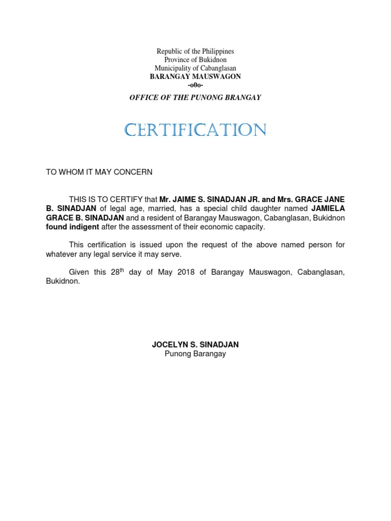 Barangay Indigency Certification Sample | PDF
