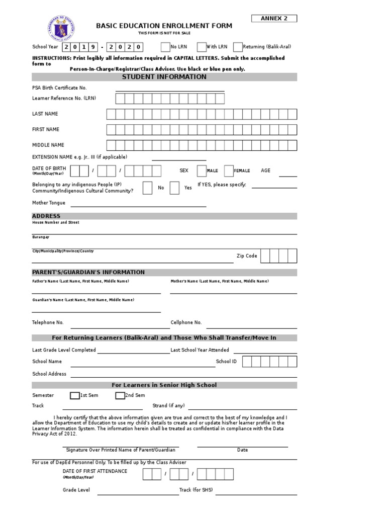 Basic Education Enrollment Form: Annex 2 | PDF | Schools | Further ...