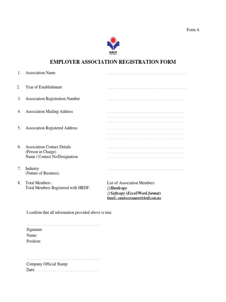HRDF Employer Association Registration Form | PDF | Employment | Welding