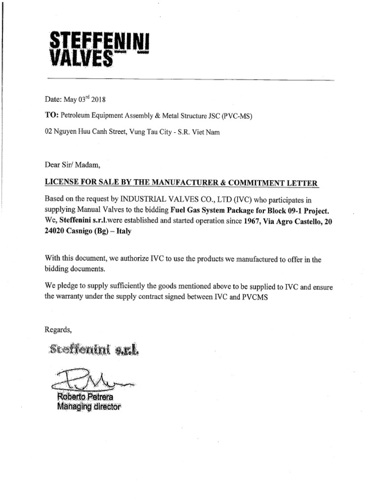Manual Valve - Steffenini - Supporting Letter To IVC PDF | PDF