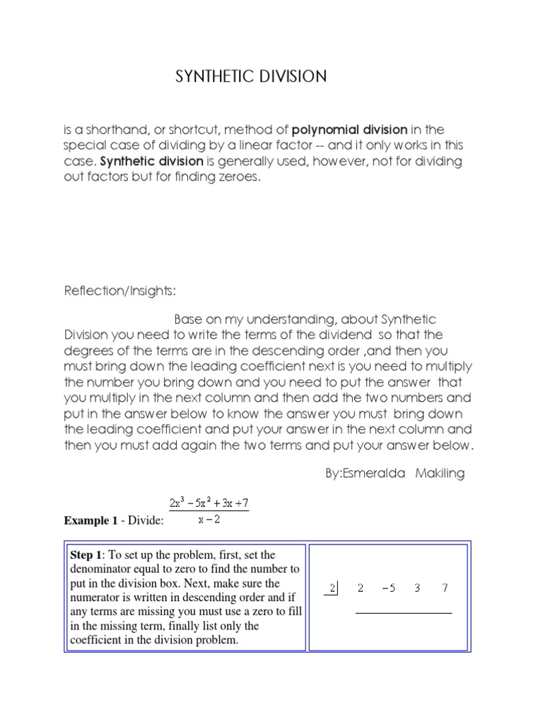 Synthetic Division: Example 1 - Divide | PDF | Fraction (Mathematics ...