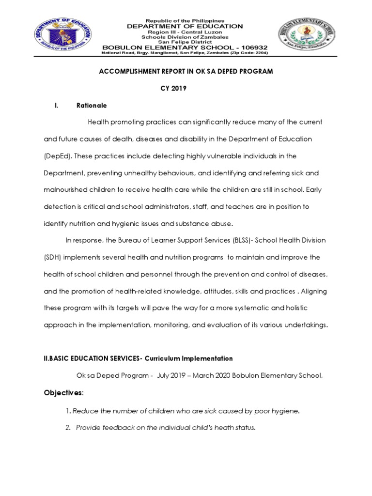Accomplishment Report in Ok Sa Deped Program: Objectives | PDF ...