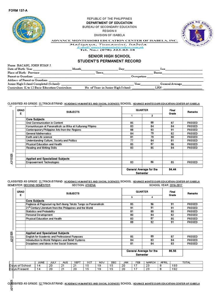 Senior High School Student'S Permanent Record | PDF | Middle Schools ...